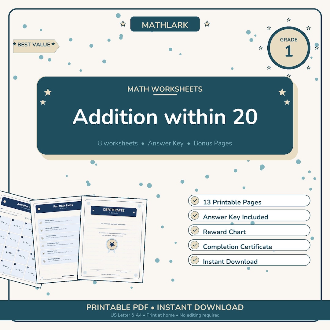 Addition Within 20 — Printable Math Worksheets | Grade 1 | Answer Key ...