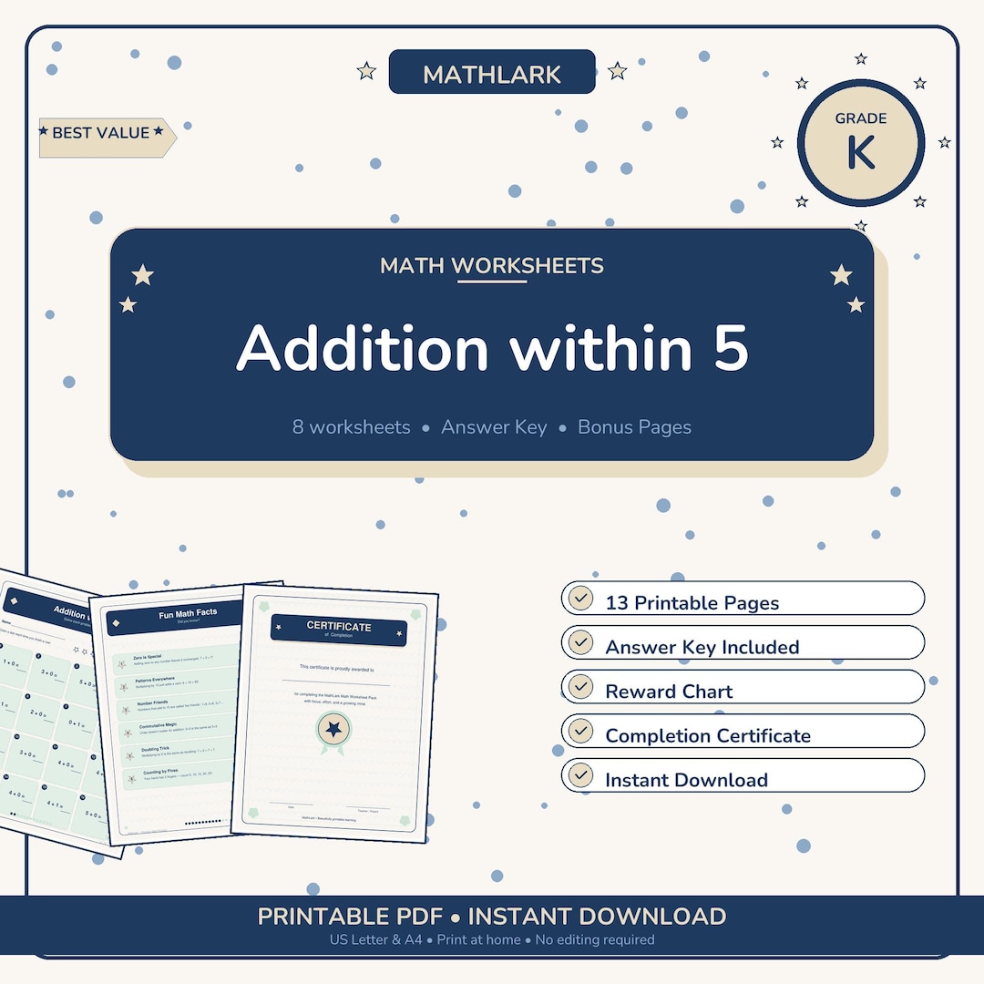 Addition Within 5 | Printable Grade K Math Pack | Reward Chart & PDF ...