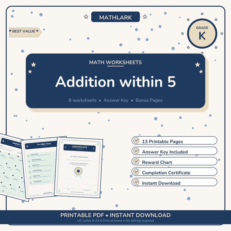 Addition Within 5 | Printable Grade K Math Pack | Reward Chart & PDF ...