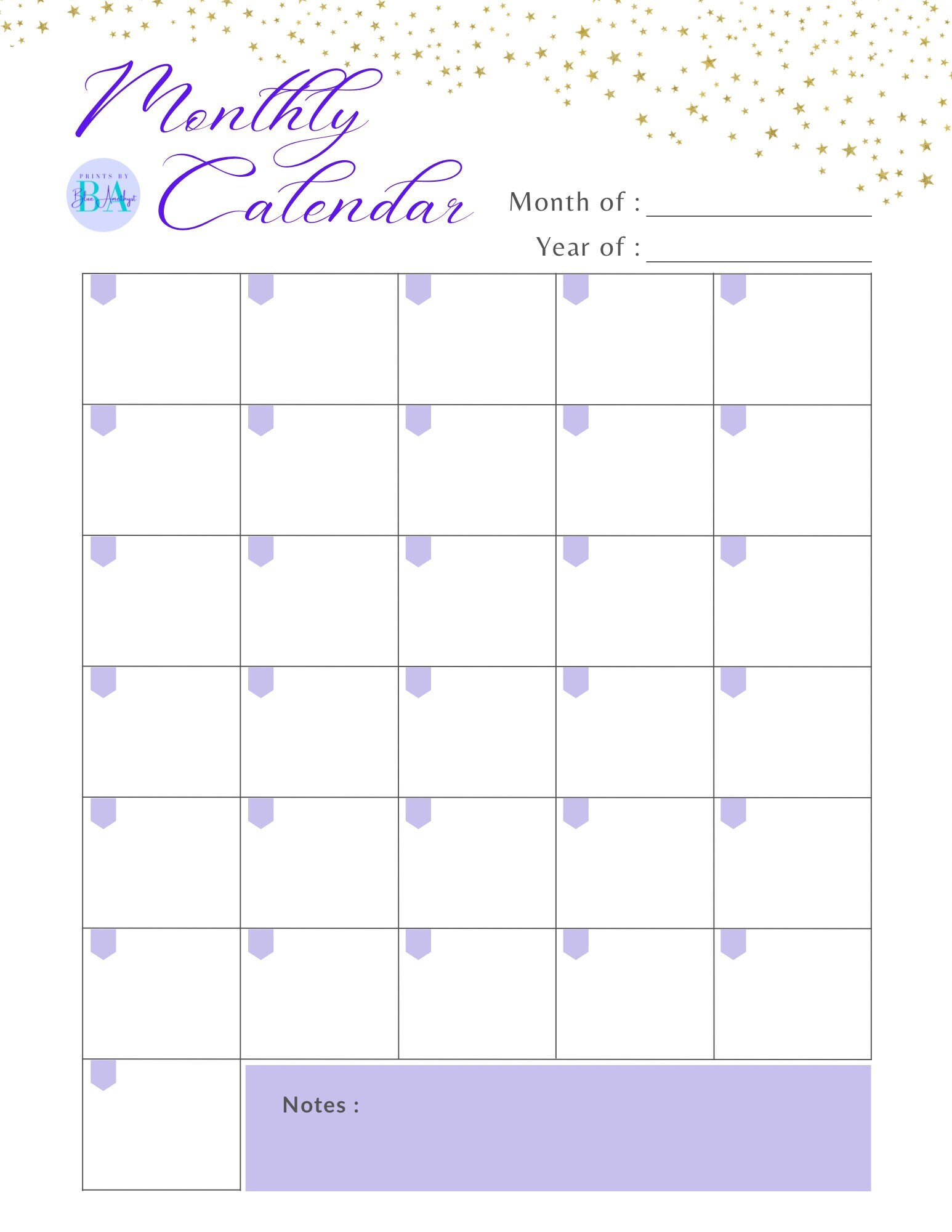 Monthly Calendar - Lavendar Starfall - Etsy