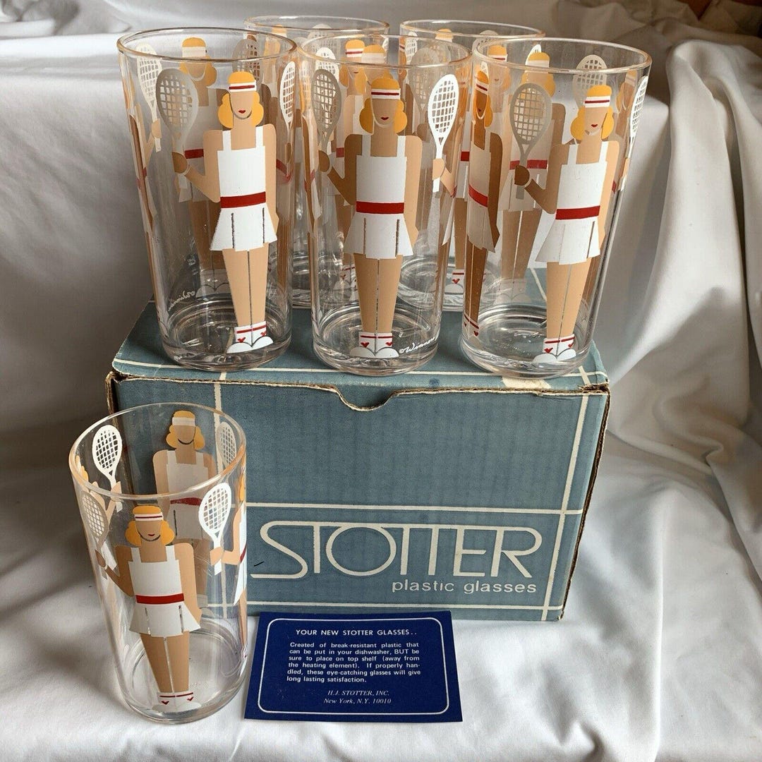 HJ Stotter Tennis Woman Set 6 Hi-ball Tumbler Plastic Glasses Cups Vtg ...