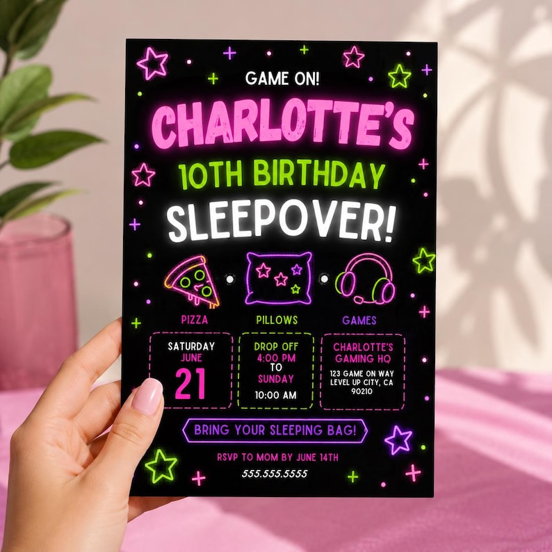 Girls Gaming Sleepover Invite, Editable Age Canva Birthday Invitation ...