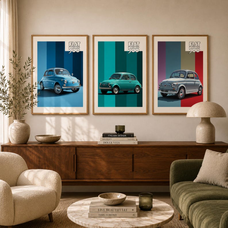 Blue Fiat 500 Wall Art Print | Vintage Classic Car Poster | Retro Car ...