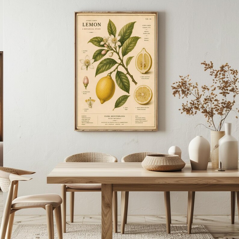Vintage Lemon Botanical Wall Art Print | Antique Citrus Kitchen Decor ...