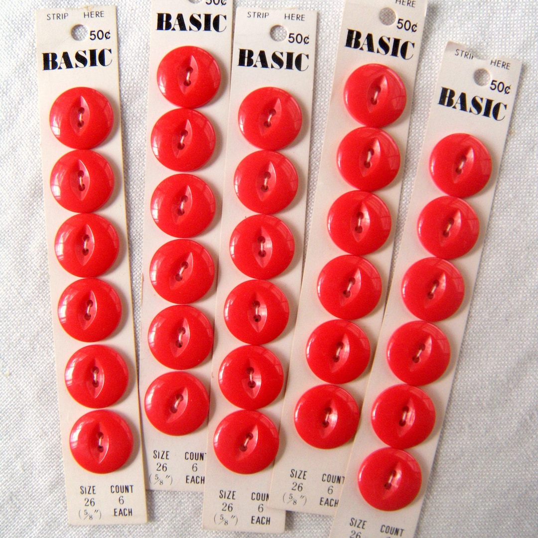 6 Bright Red 16 Mm (5/8") Shirt Buttons, Rounded Edges, Fish-eye Well ...