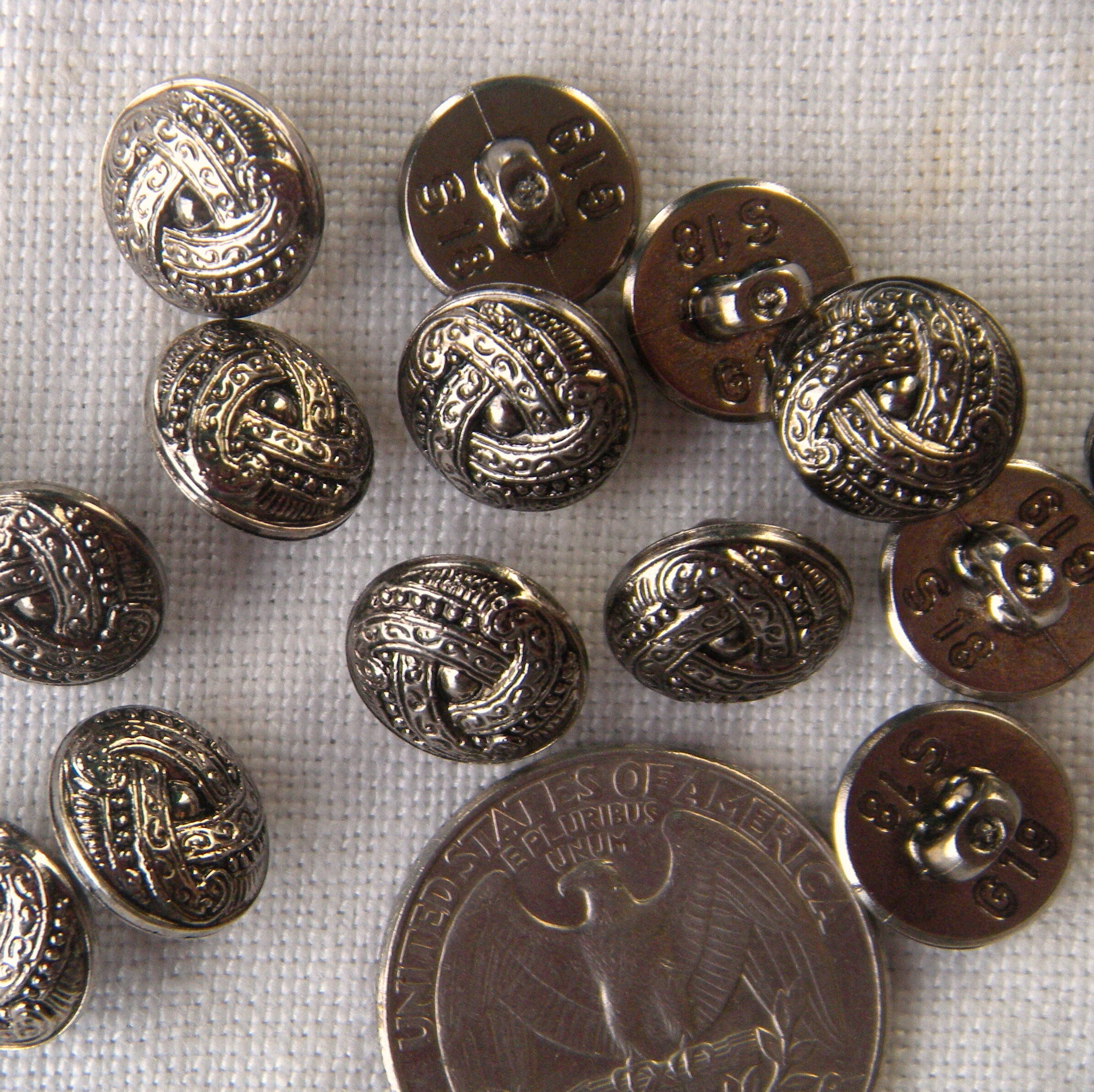 8 Small 11 Mm, Antiqued Silver Buttons, Richly Patterned Metallized ...