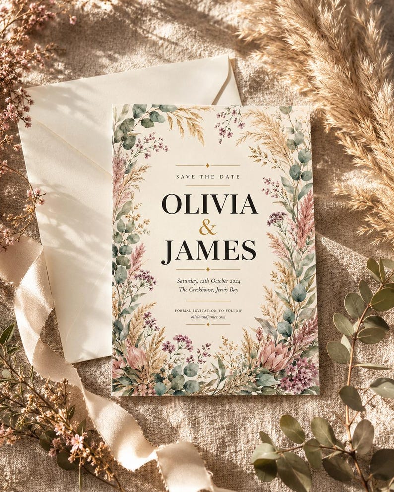 Boho Save the Date Cards Printed UK | Wildflower Pampas Grass ...