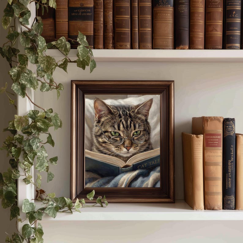Cat Reading Book Wall Art Printable, Cozy Literary Cat Print, Book ...