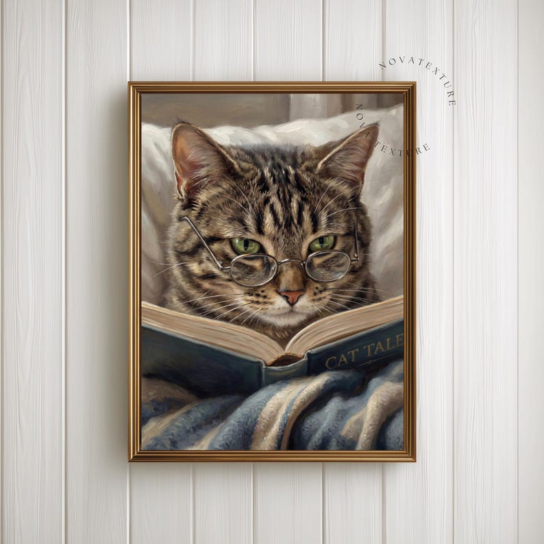 Cat Reading Book Wall Art Printable, Cozy Literary Cat Print, Book ...