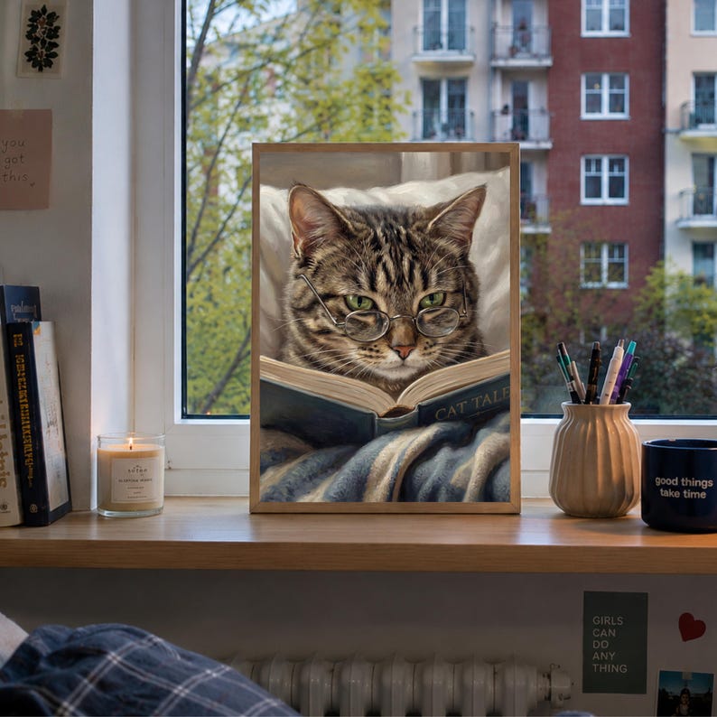Cat Reading Book Wall Art Printable, Cozy Literary Cat Print, Book ...