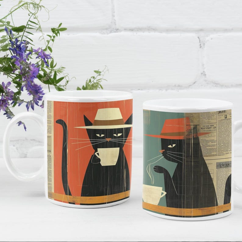 Retro Black Cat Coffee Mug 1920s Spy Style Vintage Cartoon Ceramic Mug ...
