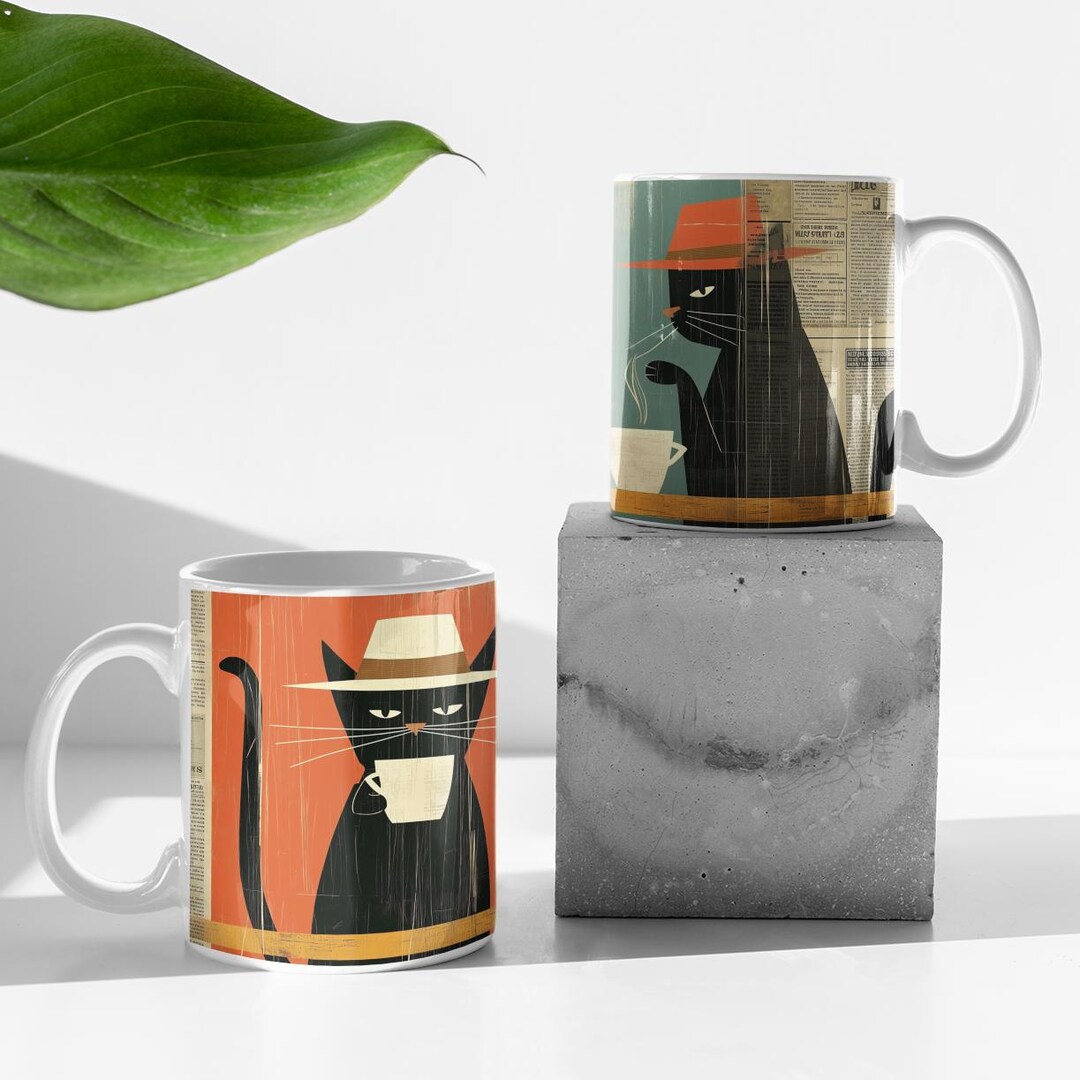 Retro Black Cat Coffee Mug 1920s Spy Style Vintage Cartoon Ceramic Mug ...