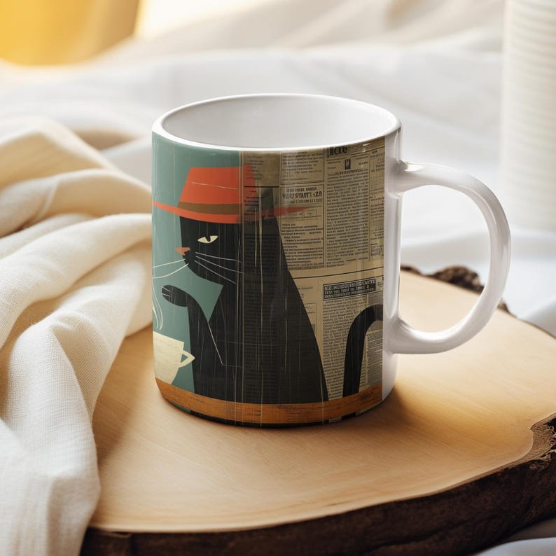 Retro Black Cat Coffee Mug 1920s Spy Style Vintage Cartoon Ceramic Mug ...