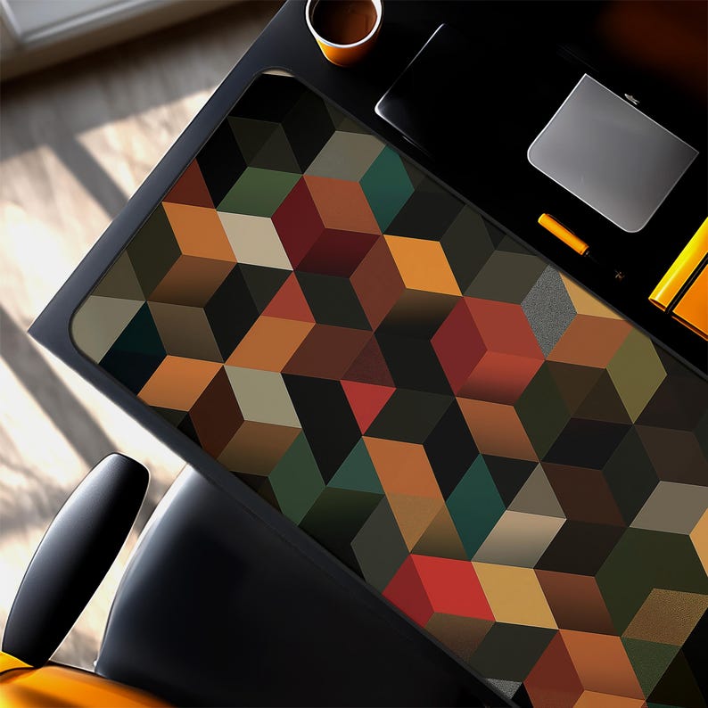 Cube Design Desk Mat Retro Isometric Grid Large Mouse Pad Mid Century ...