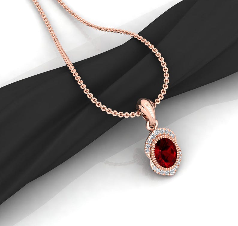 Gifts for Mom Oval Red Garnet Halo Pendant, Rose Gold Sterling Silver ...