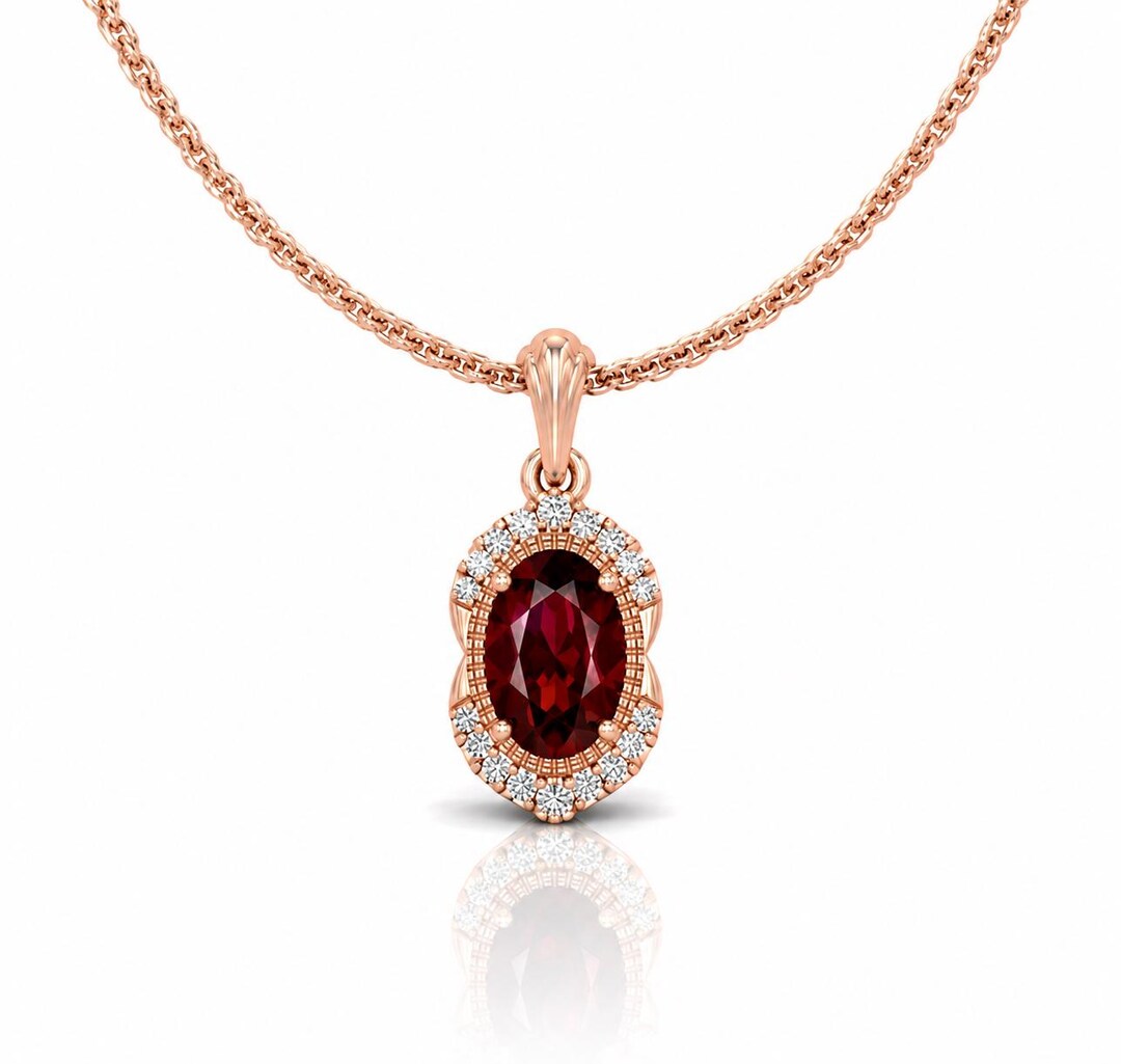 Gifts for Mom Oval Red Garnet Halo Pendant, Rose Gold Sterling Silver ...