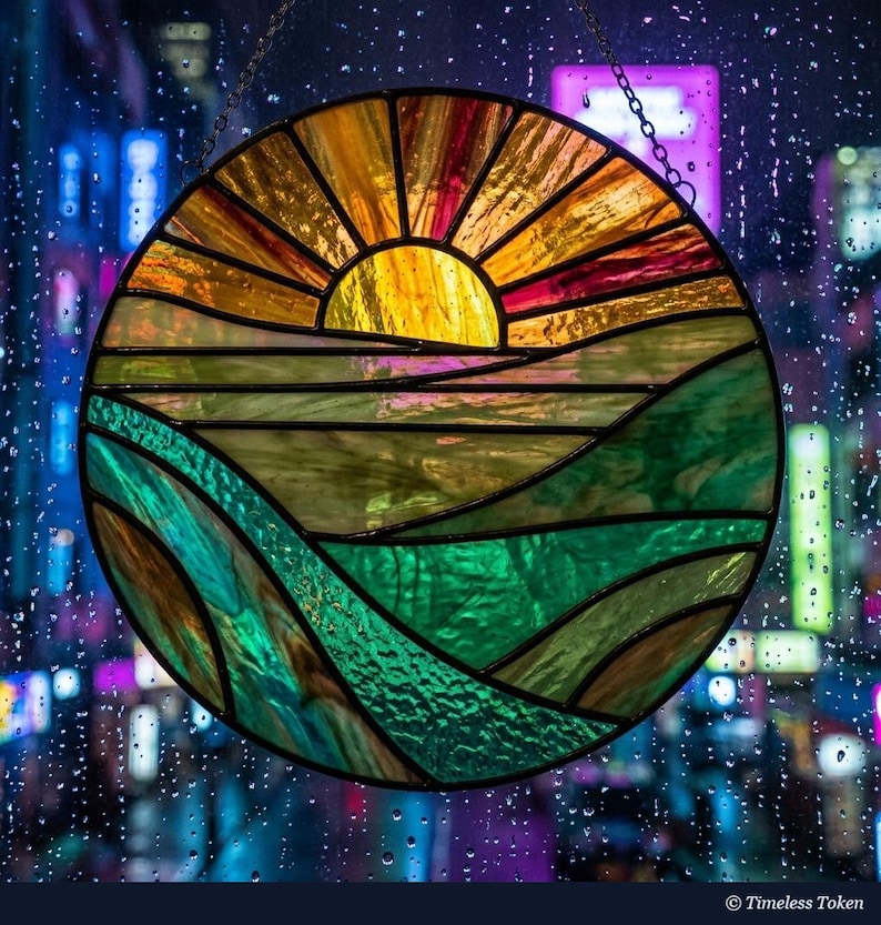 Stained Glass Pattern PDF, Circular Sunset Landscape, Sunrise Mountain ...