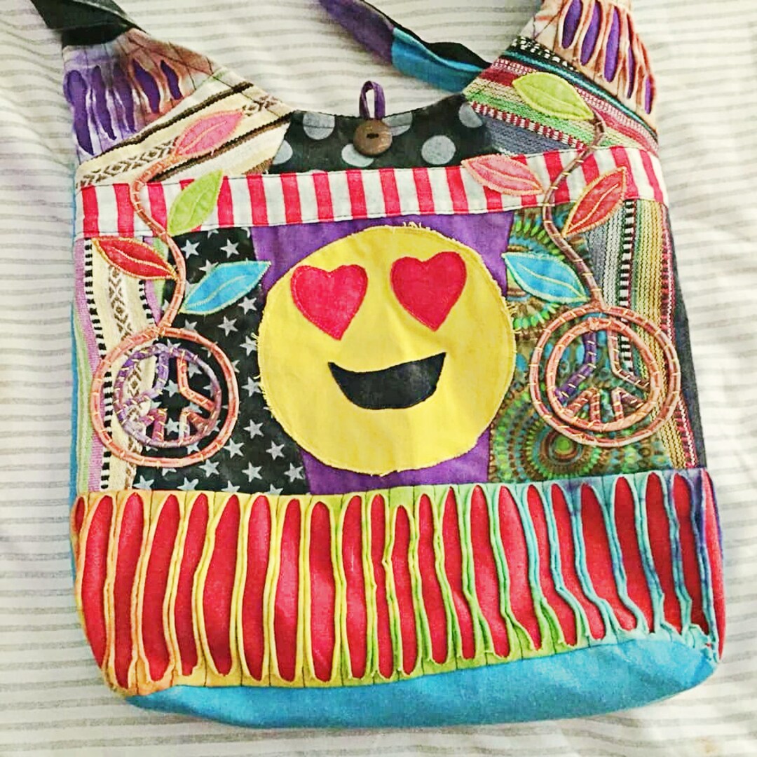Smiley Face Hippie Purse Peace Sign Crossbody Distressed Fabric BOHO ...