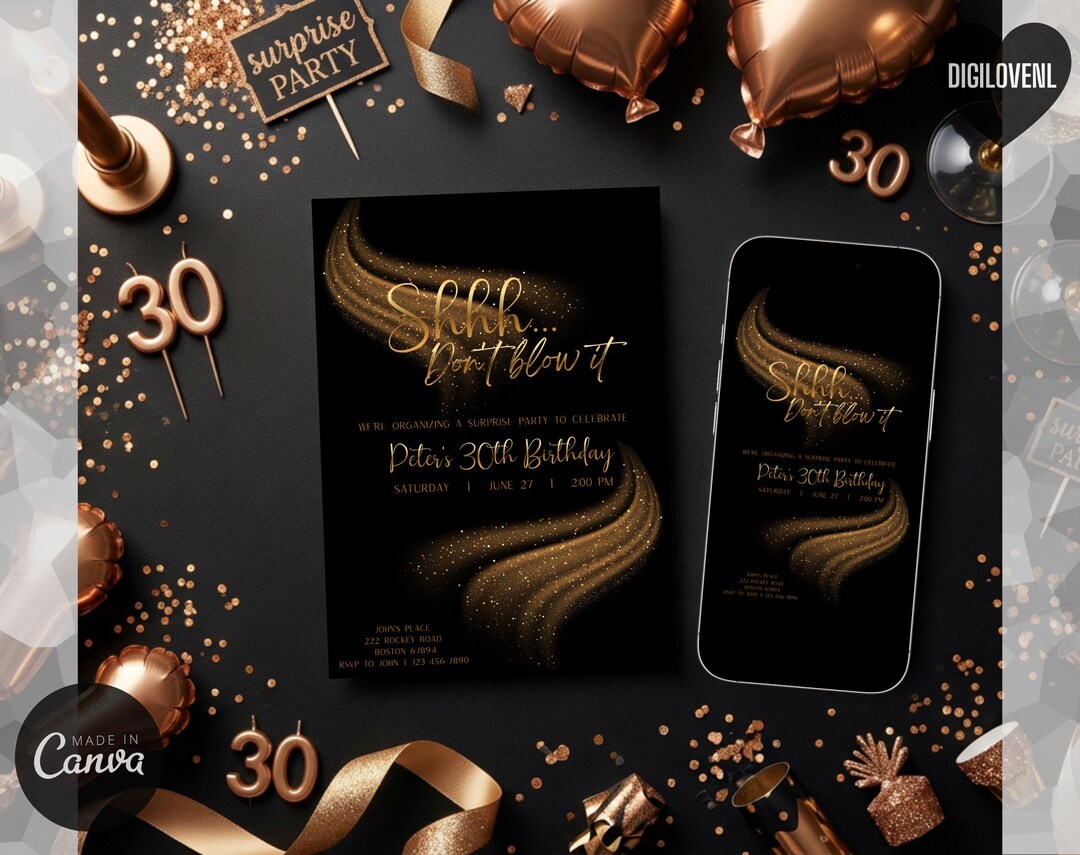 Surprise 30th Birthday Invitation: Bronze Glitter Shhh Don't Blow It ...