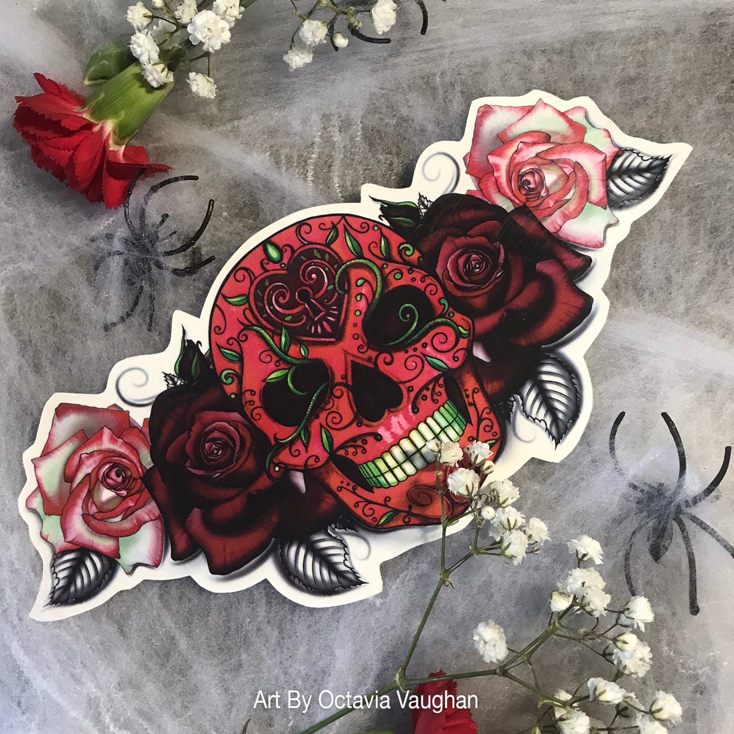 Skull And Flower Chest Tattoos