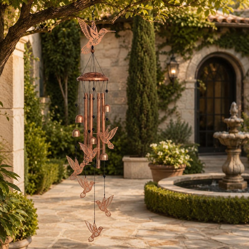 Copper Hummingbird Wind Chime, Rustic Garden Decor, Patio Hanging Bells ...