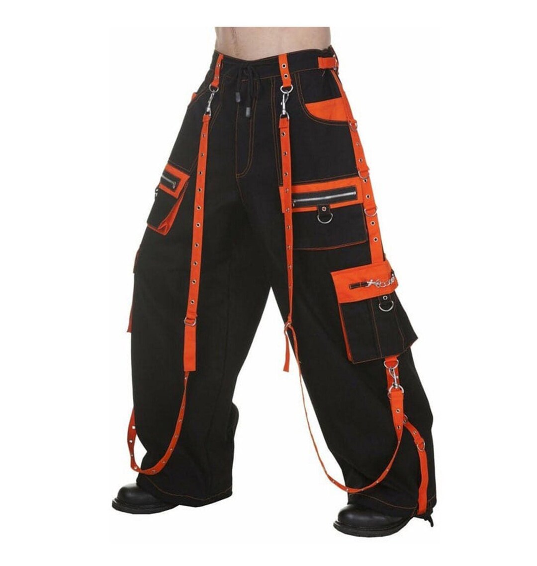 Handmade Gothic Custom Black Cargo Pant, Cyber Punk Orange Strap Chain ...