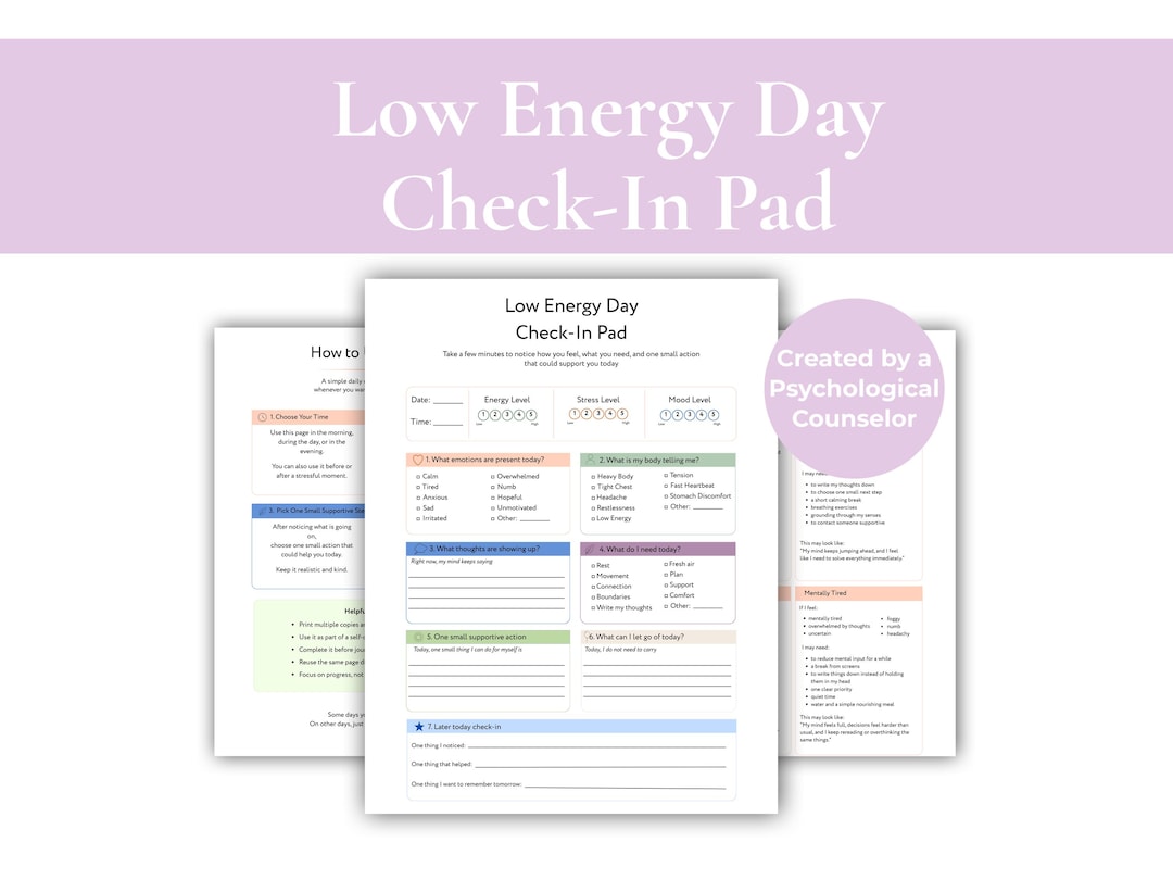 Low Energy Day Check-in Pad, Daily Mental Health Worksheet, Mood ...