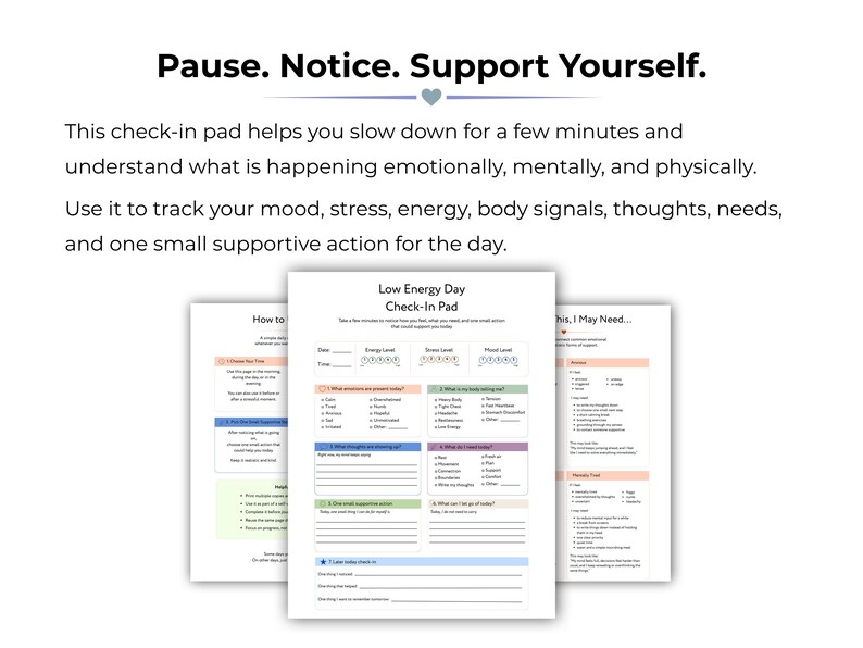 Low Energy Day Check-in Pad, Daily Mental Health Worksheet, Mood ...