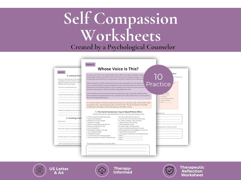 Self Compassion Worksheet for Adults, Inner Critic and Negative Self ...