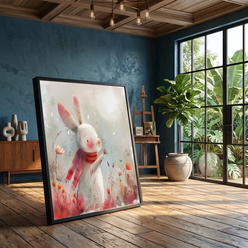 Tela com coelhinho fofo de cachecol, arte de parede com animais ...