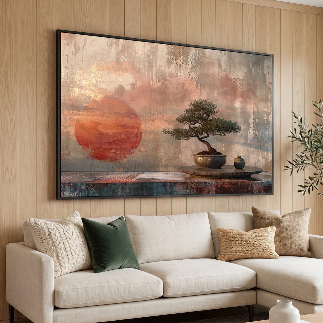 Bonsai sereno com sol vermelho em tela abstrata, arte de parede zen ...