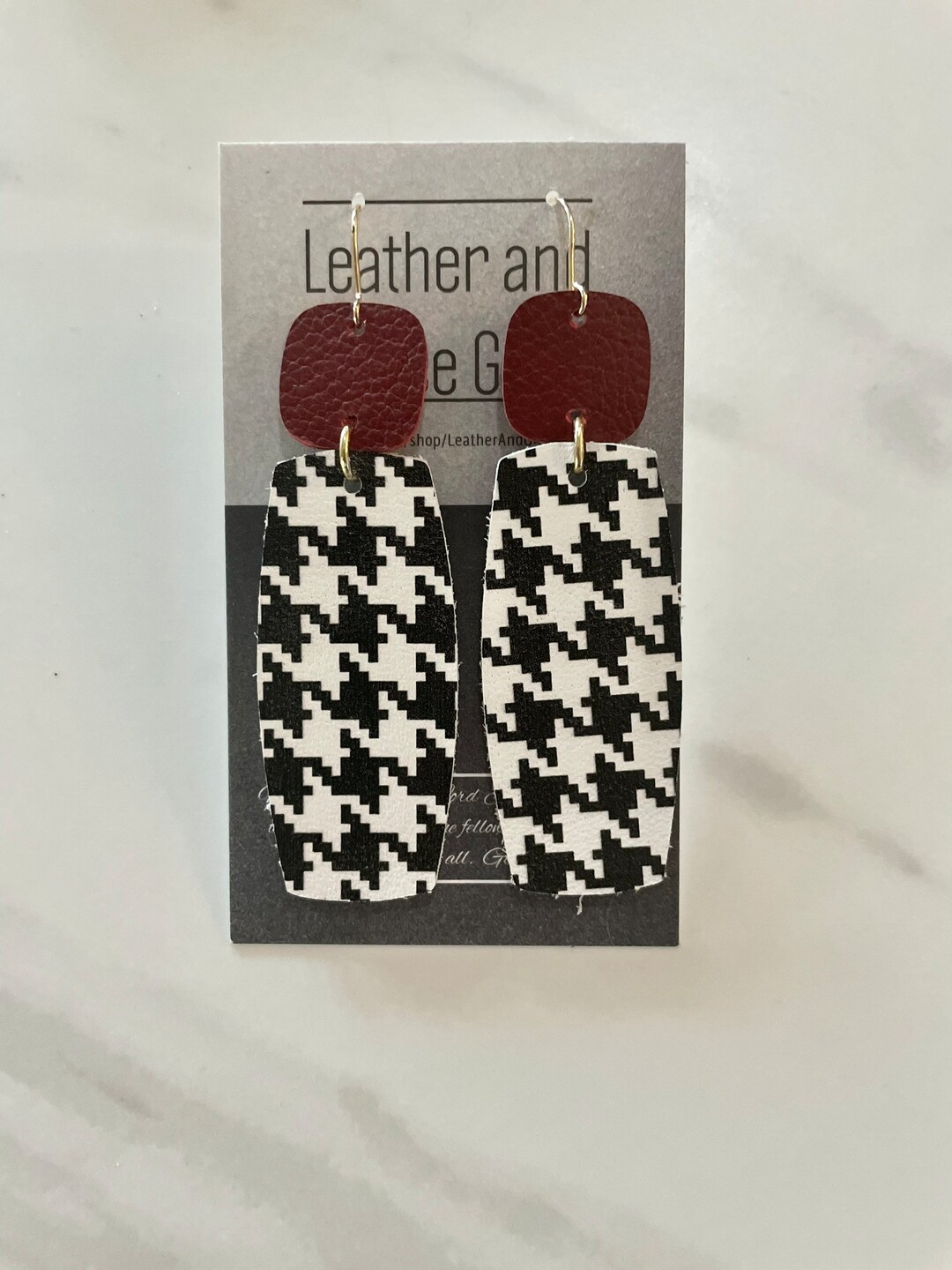 Alabama Crimson Houndstooth Leather Rectangle Bar Earrings - Etsy