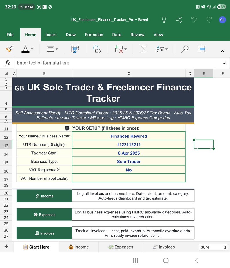 UK Sole Trader Finance Tracker Excel | Self Assessment | MTD 2026 | Tax ...