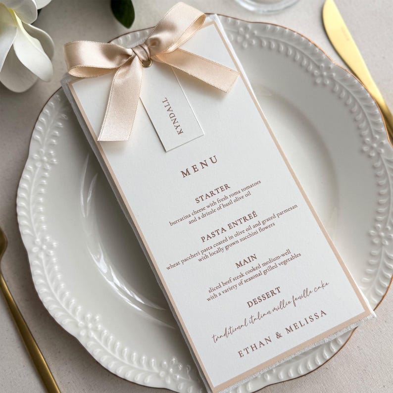 Champagne Satin Ribbon Wedding Menu Card With Personalized Guest Name ...