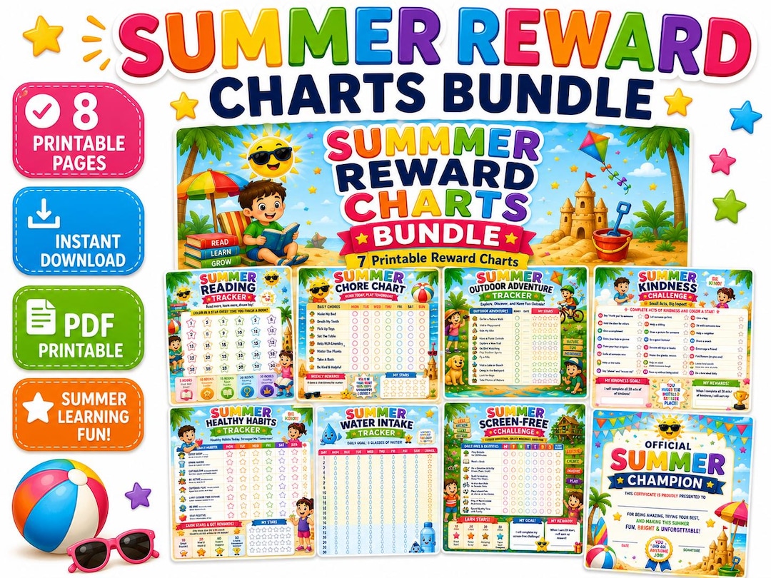Summer Reward Charts Bundle for Kids, Printable Chore Chart, Reading ...
