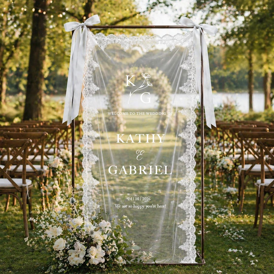 Custom Lace Wedding Welcome Sign Banner, Sheer Fabric Ceremony Entrance ...