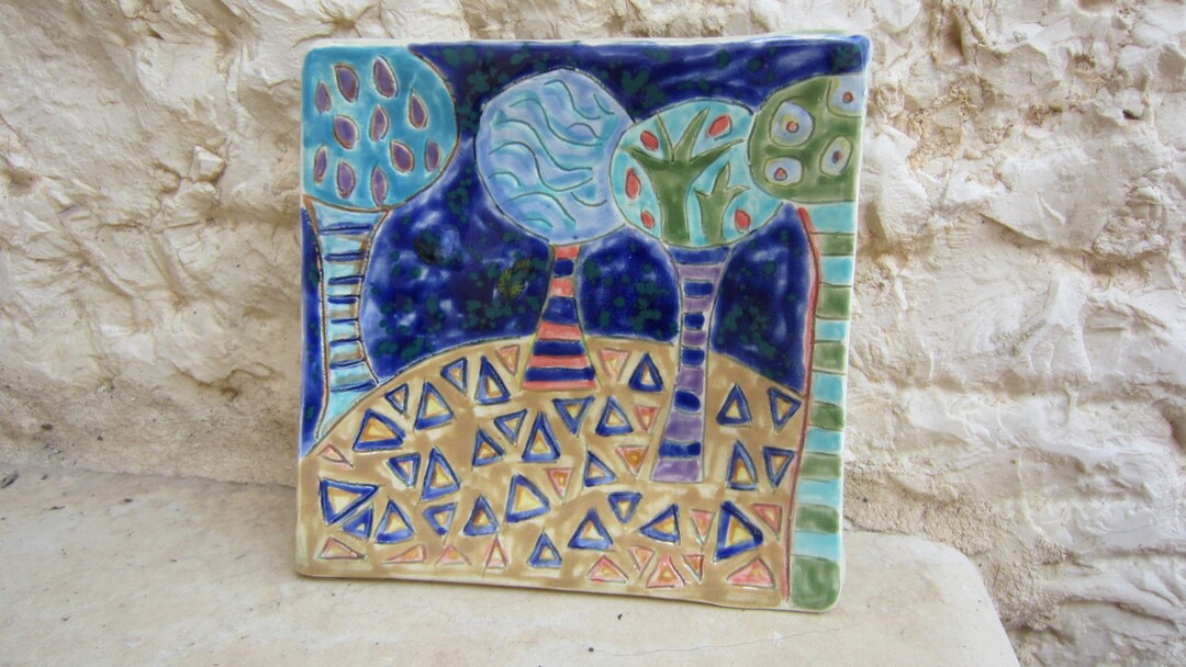 Folk Art Ceramic Forest of Trees Plate Dining and Kitchen - Etsy