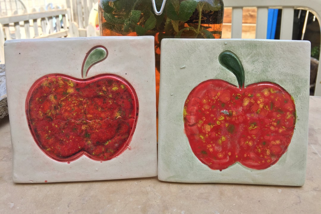Set of Two Red Apple Ceramic Tiles or Trivets Handmade Kitchen Decor ...