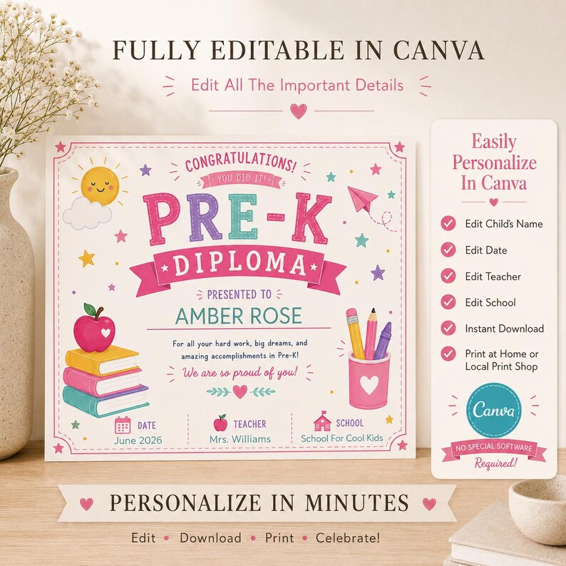Pink Pre-k Diploma Template, Editable Canva Preschool Graduation ...