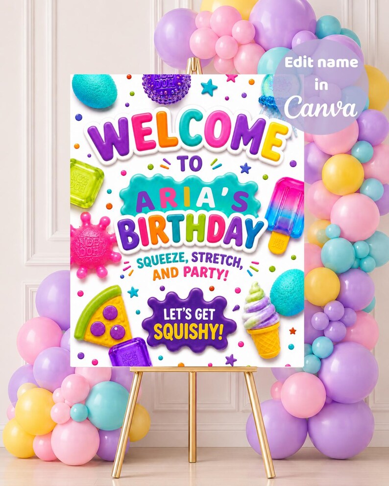 Needoh Squishy Birthday Welcome Sign | Editable Canva Party Decor ...