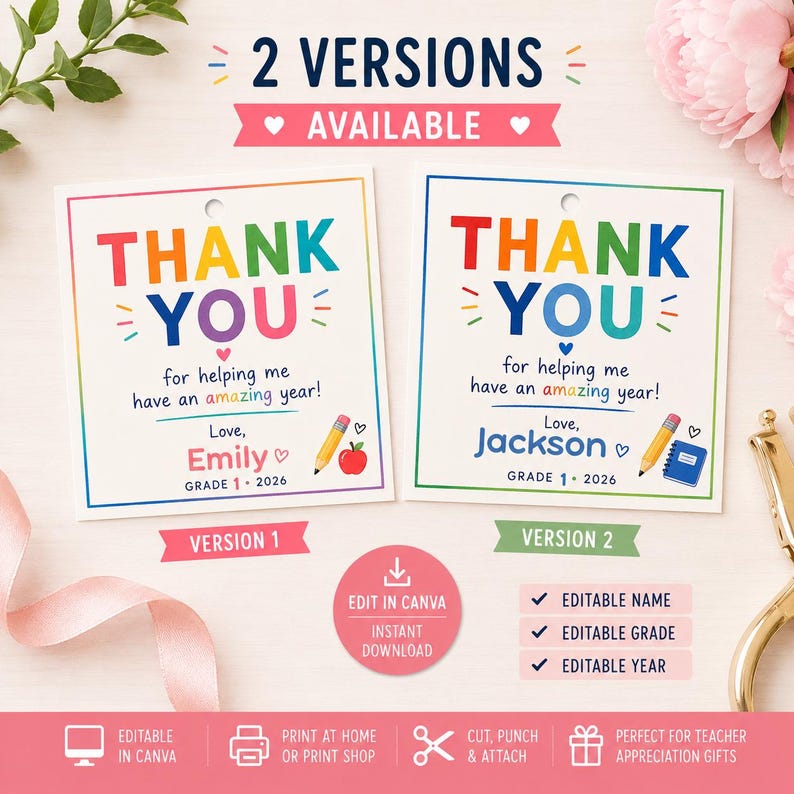 Editable Teacher Thank You Gift Tags | Blue Version(digital Download ...