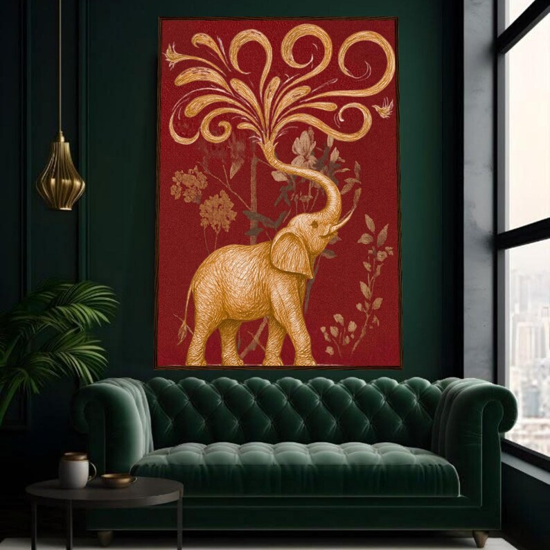Gold Elephant Wall Art, Bohemian Red Indian Decor, Whimsical Animal ...