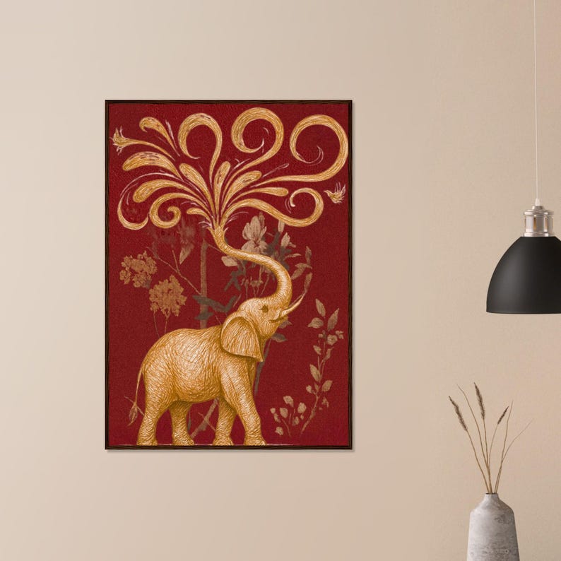 Gold Elephant Wall Art, Bohemian Red Indian Decor, Whimsical Animal ...