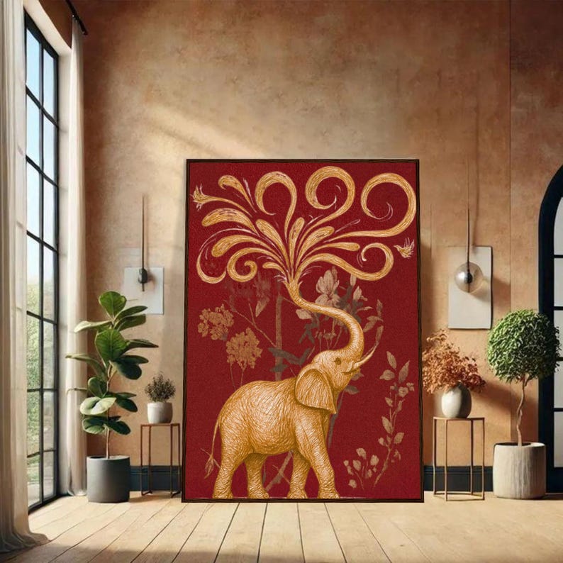 Gold Elephant Wall Art, Bohemian Red Indian Decor, Whimsical Animal ...