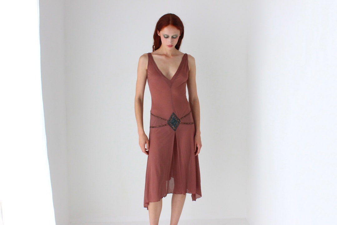 Iconic Y2K Moulin Rouge Era Plunge Neck & Beaded Drop Waist Slinky Mesh ...