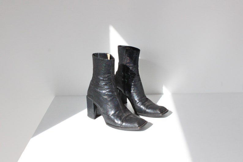 90s Michel Perry Holographic Metallic Leather Square Toe Boots W ...