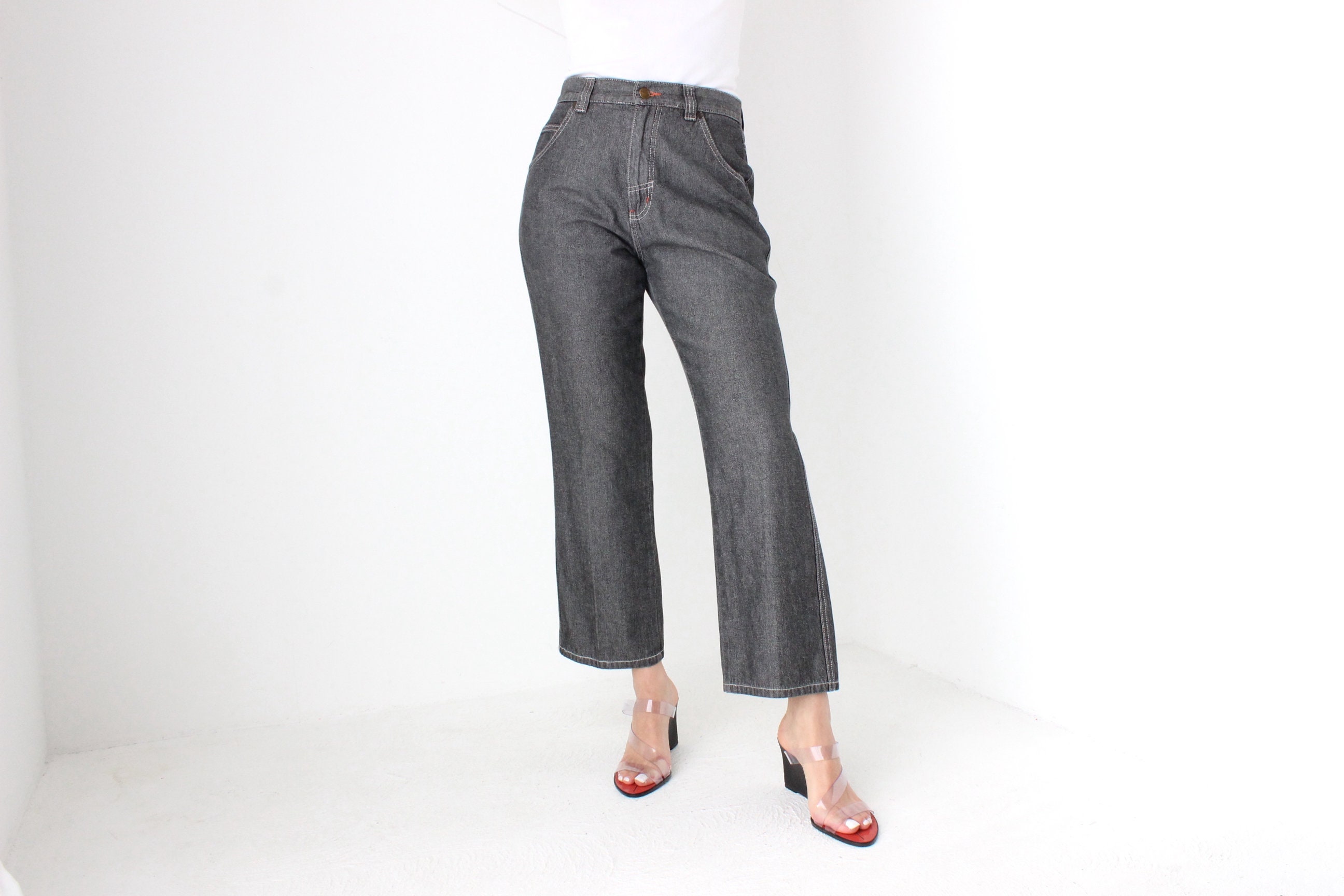 90s Baleno Jeans Grey Metallic Pewter High Waist, Cropped 90s Baleno Jeans Grey Metallic Pewter High Waist, Cropped