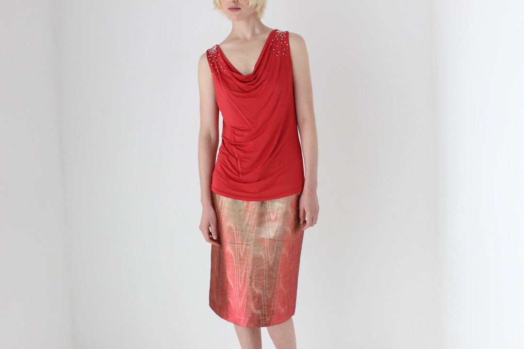 Y2K Slinky Red Draped Cowl Neck Disco Tank Top W/ Crystal Diamonte ...