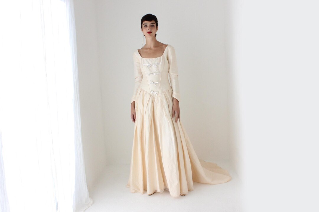 1990s Pure Silk Renaissance Bride Basque Waist & Bow Corset Long Sleeve ...
