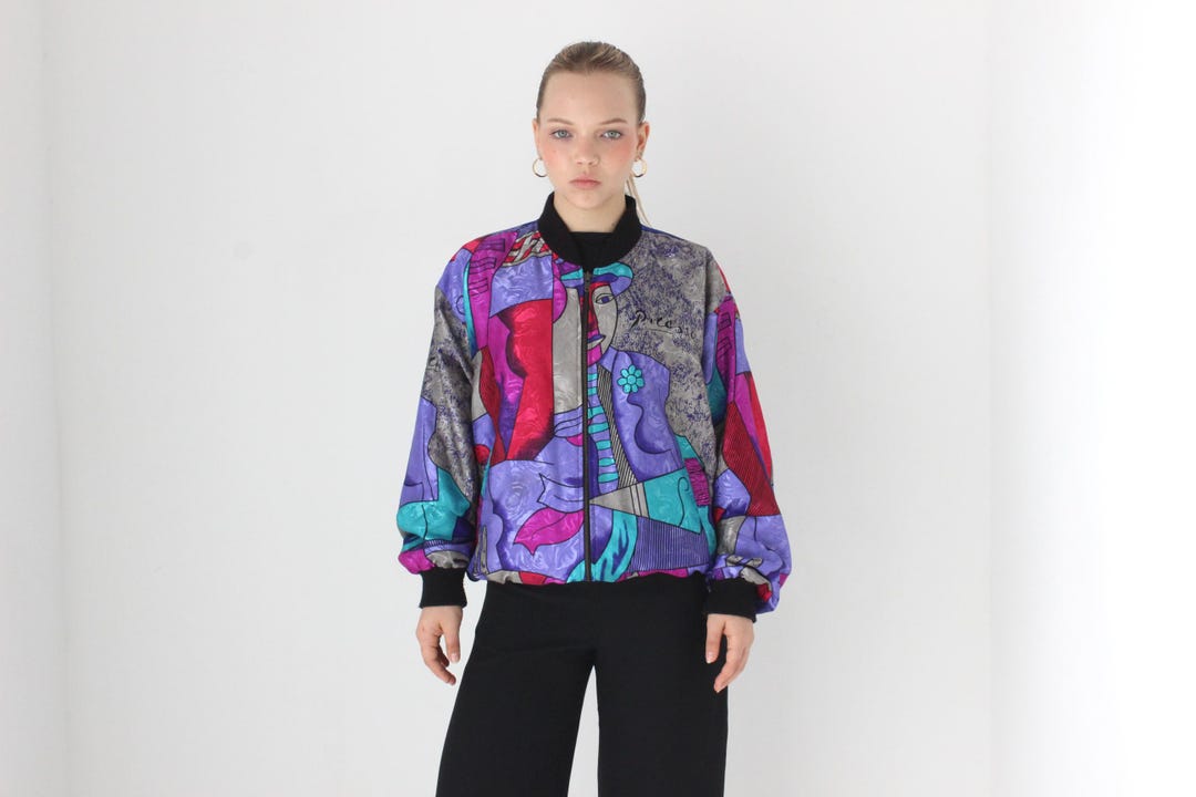 80s PICASSO Wearable Art Abstract Cubist Print REVERSIBLE Bomber Jacket ...
